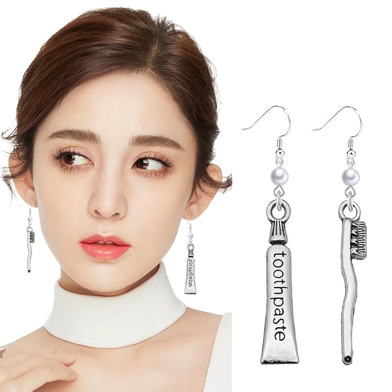 Dreuyet Toothbrush and Toothpaste Pearl Earrings for Women Dental Teeth Tools Dangle Drop Tooth Earrings