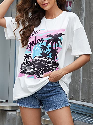 VENTELAN Women's Graphic Oversized Tees Letter Print Summer Tops Half Sleeve Loose Casual Round Neck T Shirts,M