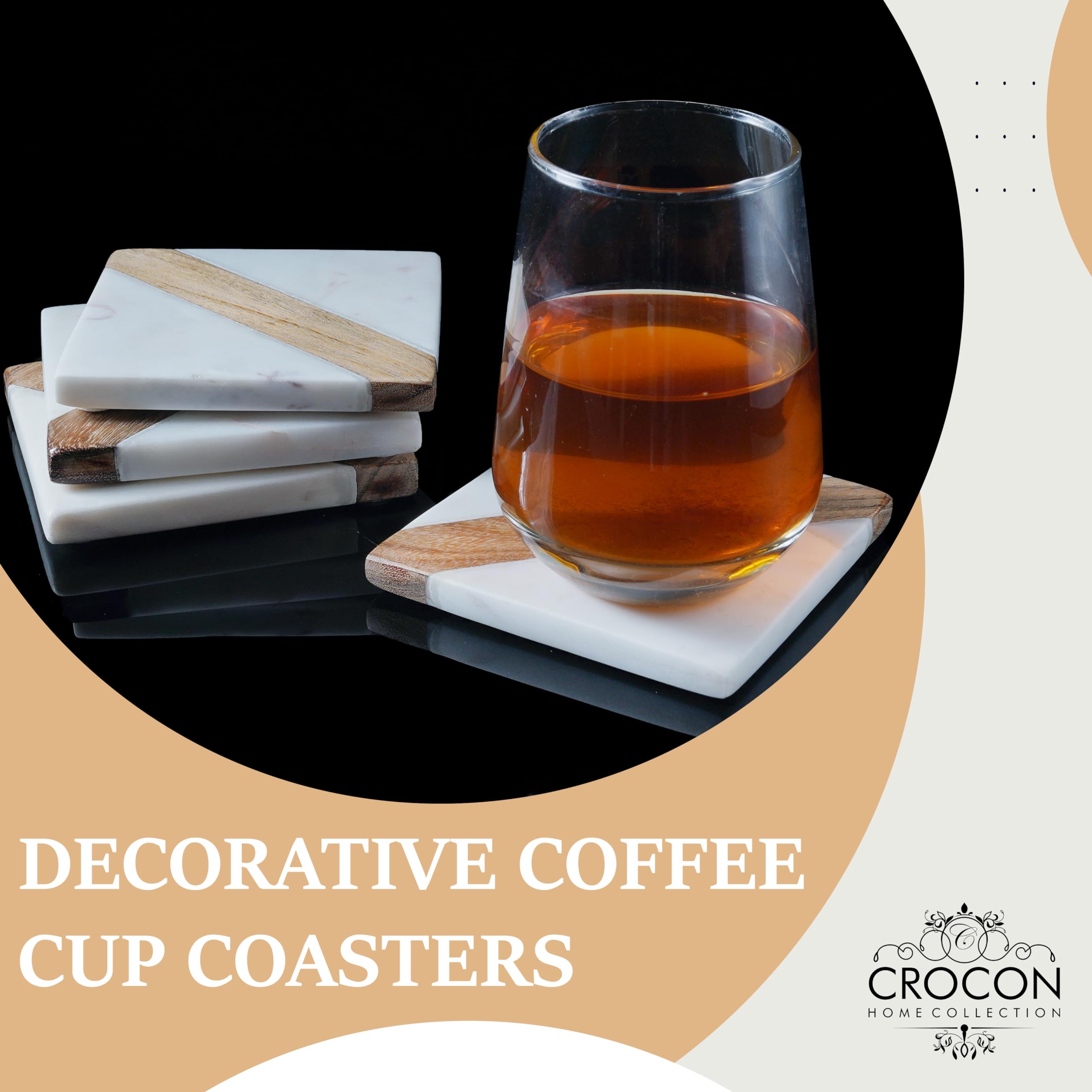 Crocon Marble & Wooden Coaster Set Square Shape Coaster for Dining Table Kitchen Decor Alabaster Marble and Wood Coaster Set Suitable for All Kinds of Mugs and Cups Size - 4x4X2 Inch