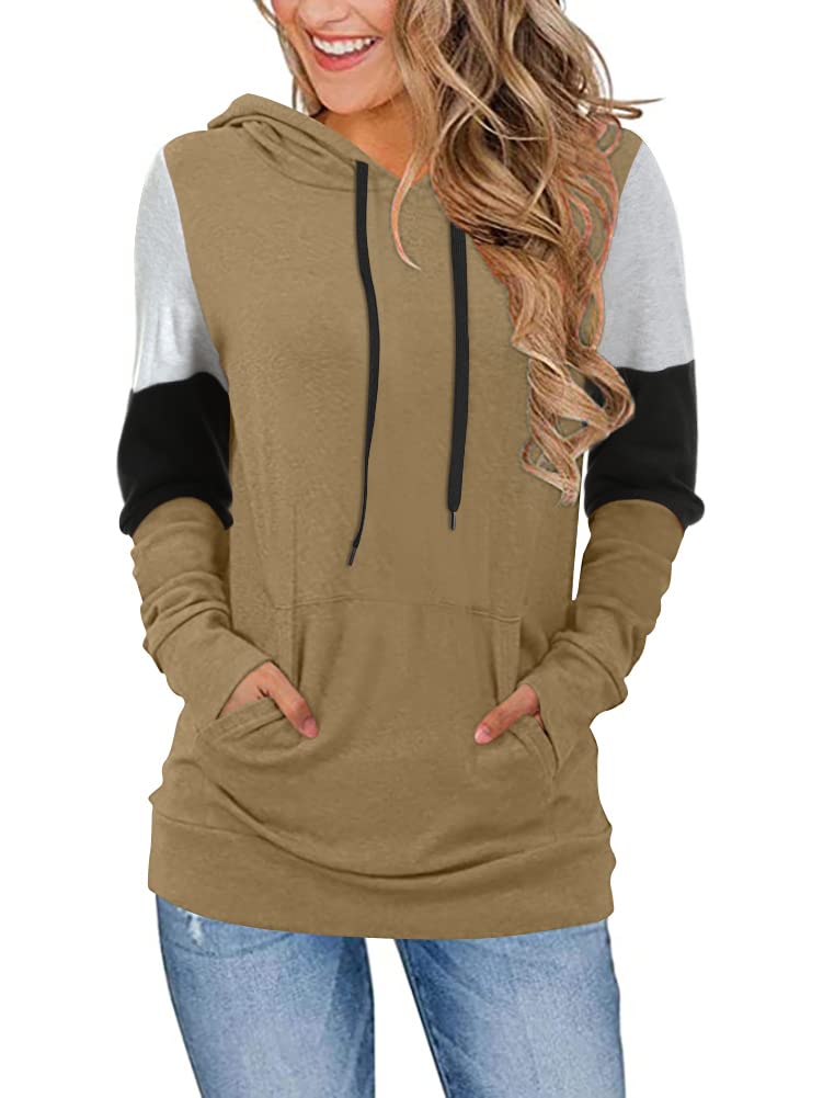 CATHY Women's Casual Drawstring Pullover Tunic Top Long Sleeve Color Block Hoodie Sweatshirts With Pocket, XXL, Shallow Khaki