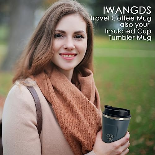 IWANGDS Leak Proof Travel Coffee Mug, Reusable Coffee Cup with Lid, Insulated Coffee Mug with Brush, Stainless Steel Vacuum Tumbler, Keep Hot & Cold, 13oz Mini Thermos with Cat Paw Pattern(Blue*1)