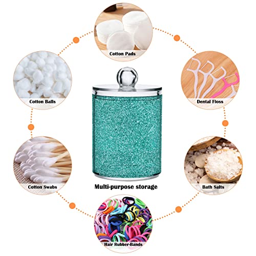 MCHIVER Teal Green Turquoise Glitter Bathroom Canisters Organizer 2 Pack Clear Plastic Jars with Lids 10 Oz Makeup Organizer for Cotton Ball Swab Round Pads Floss