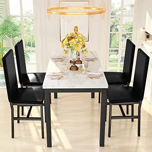 Hooseng Dining Table Set for 4- Space Saving Kitchen Table and Chairs for 4, Modern Style Faux Marble Tabletop & 4 PU Leather Chairs, Perfect for Dining Room,Breakfast Corner Small Spaces,Brown&White