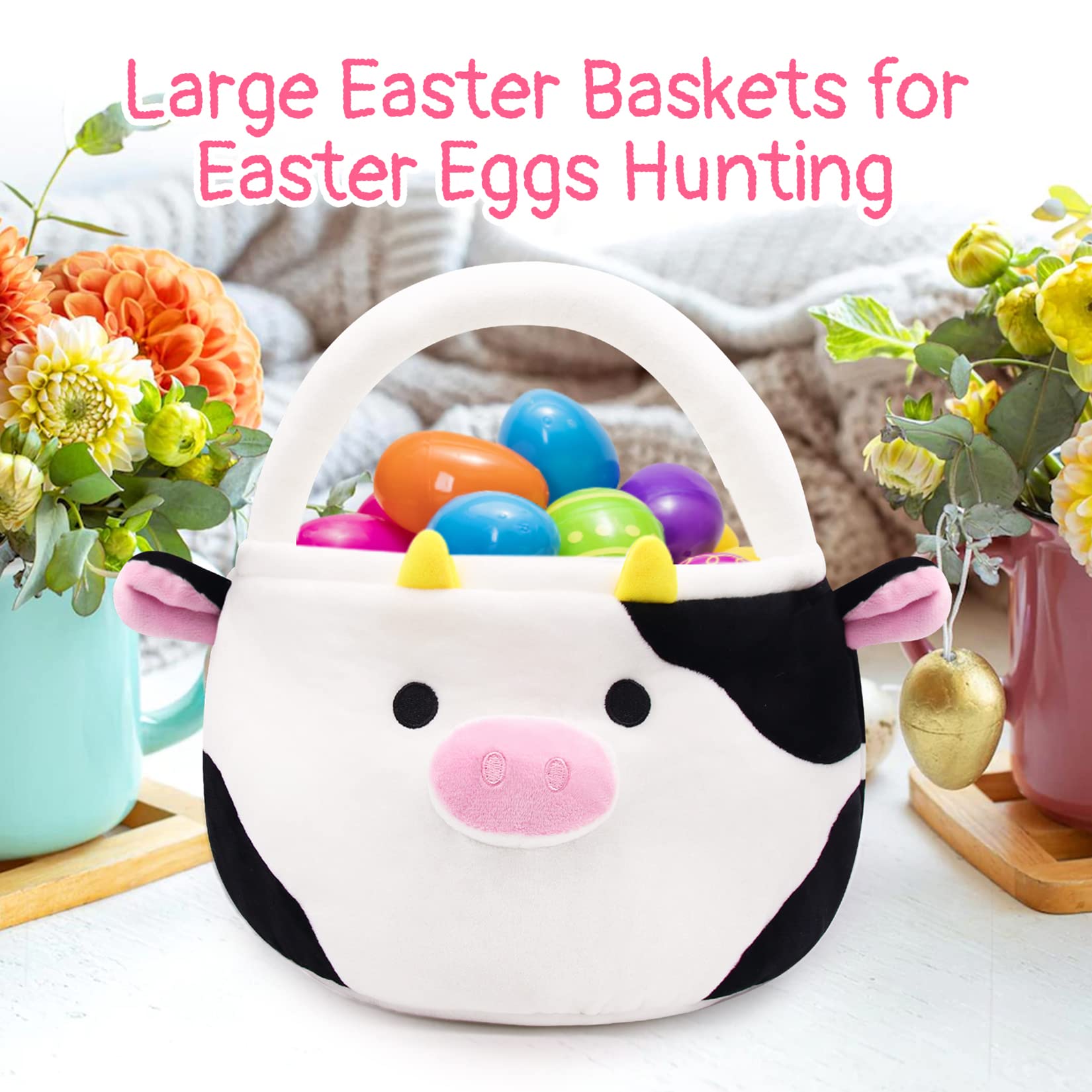 Easter Basket for Kids Cute Black Cow Easter Basket with Handle, Large Easter Bags for Easter Egg Hunting Easter Theme Party Favor Kawaii Easter Gifts for Girls Boys