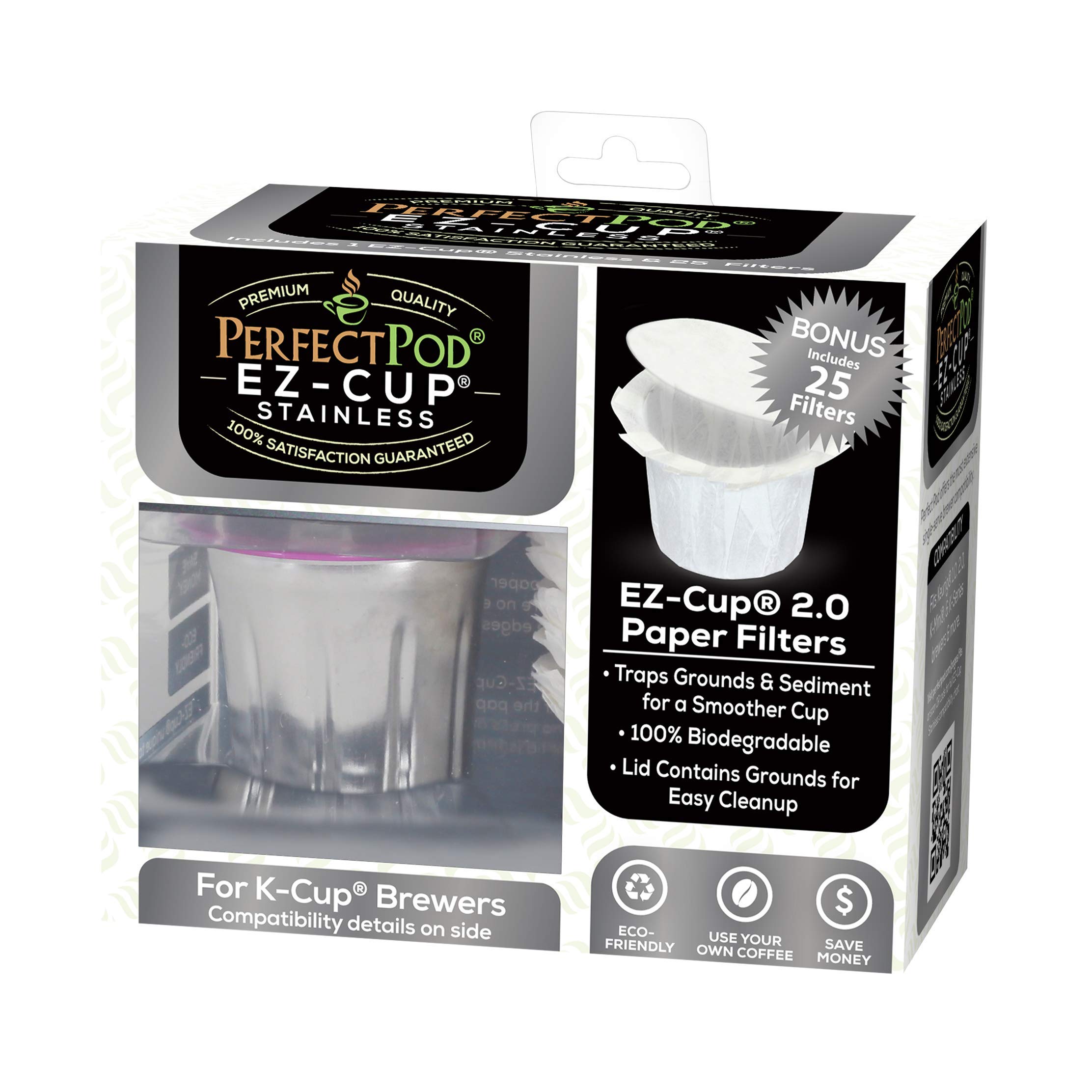 EZ-Cup Stainless Steel Reusable K Cup Coffee Pod for Keurig + 25 Disposable Paper Filters - Refillable Capsule Compatible with Keurig 1.0 2.0 K-Slim K-Mini Plus K-Duo K-Series & Other Select Models
