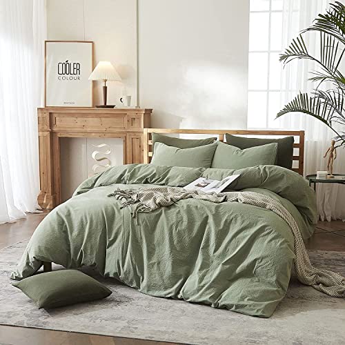 Modern Style Sage Green Duvet Cover Queen Size 100% Washed Cotton Light Green Bedding Sets Hotel Quality Solid Color Comforter Cover 1 Queen Duvet Cover with 2 Pillowcases Green Bedding Cover Set