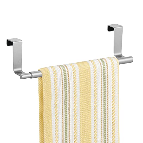 mDesign Adjustable, Expandable Over Kitchen Cabinet Towel Bar Rack - Hang on Inside or Outside of Doors, Hold Hand, Dish, Tea Towels - Customizable to 17" Wide, Omni Collection - Chrome