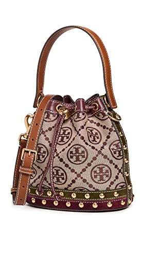 Tory Burch Women's T Monogram Jacquard Studded Bucket Bag, Claret, Red, Print, One Size