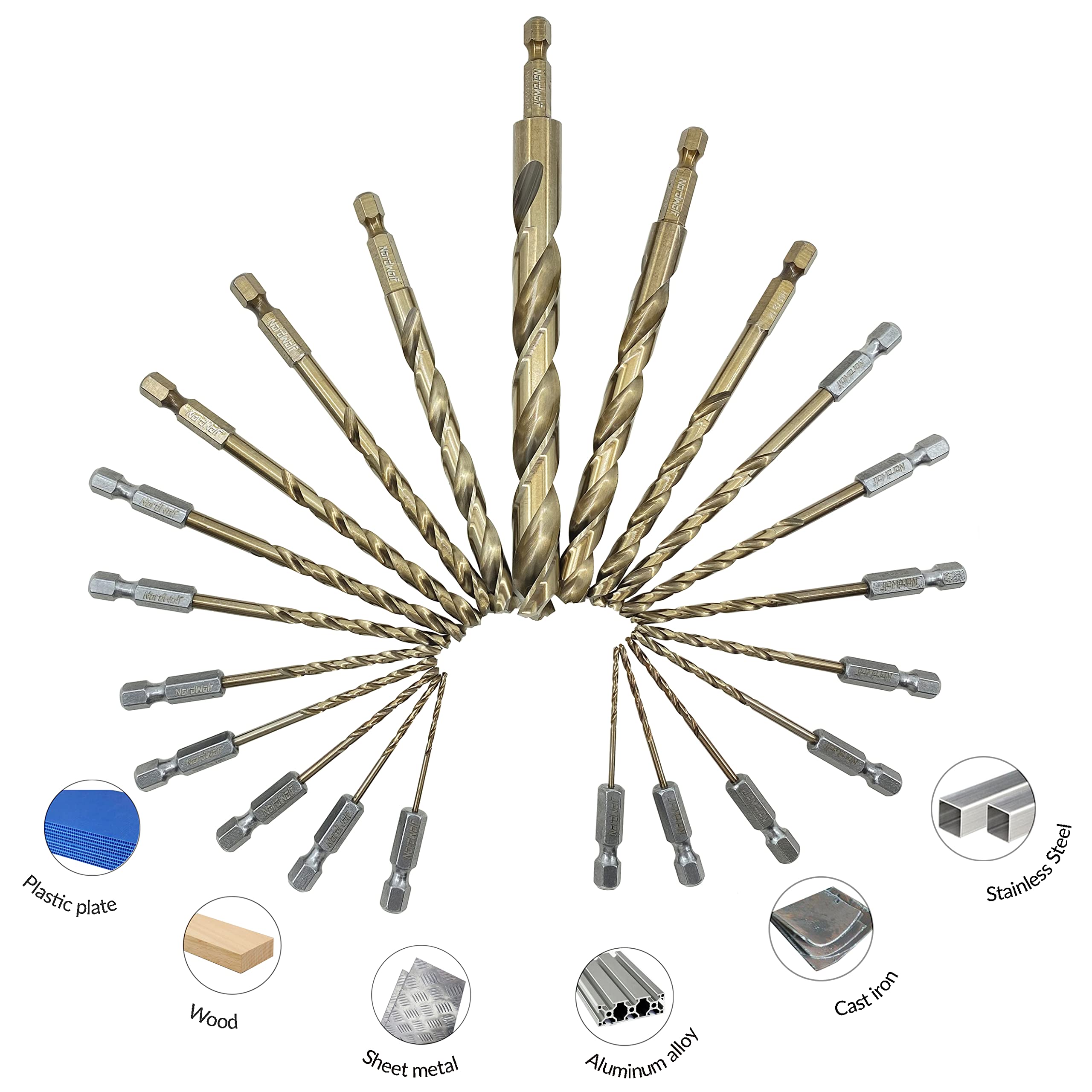 NordWolf 7-Piece M35 Cobalt Drill Bit Set for Stainless Steel, Hard Metals & Cast Iron, Jobber Length with 1/4" Hex Shank, SAE Sizes 1/8"(x3)-3/16"(x2)-1/4"(x2)