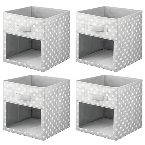 mDesign Fabric Nursery/Playroom Closet Storage Organizer Bin Box, Front Handle/Window for Cube Furniture Shelving Unit, Hold Toys, Clothes, Diapers, Bibs, 4 Pack, Gray/White Polka Dot