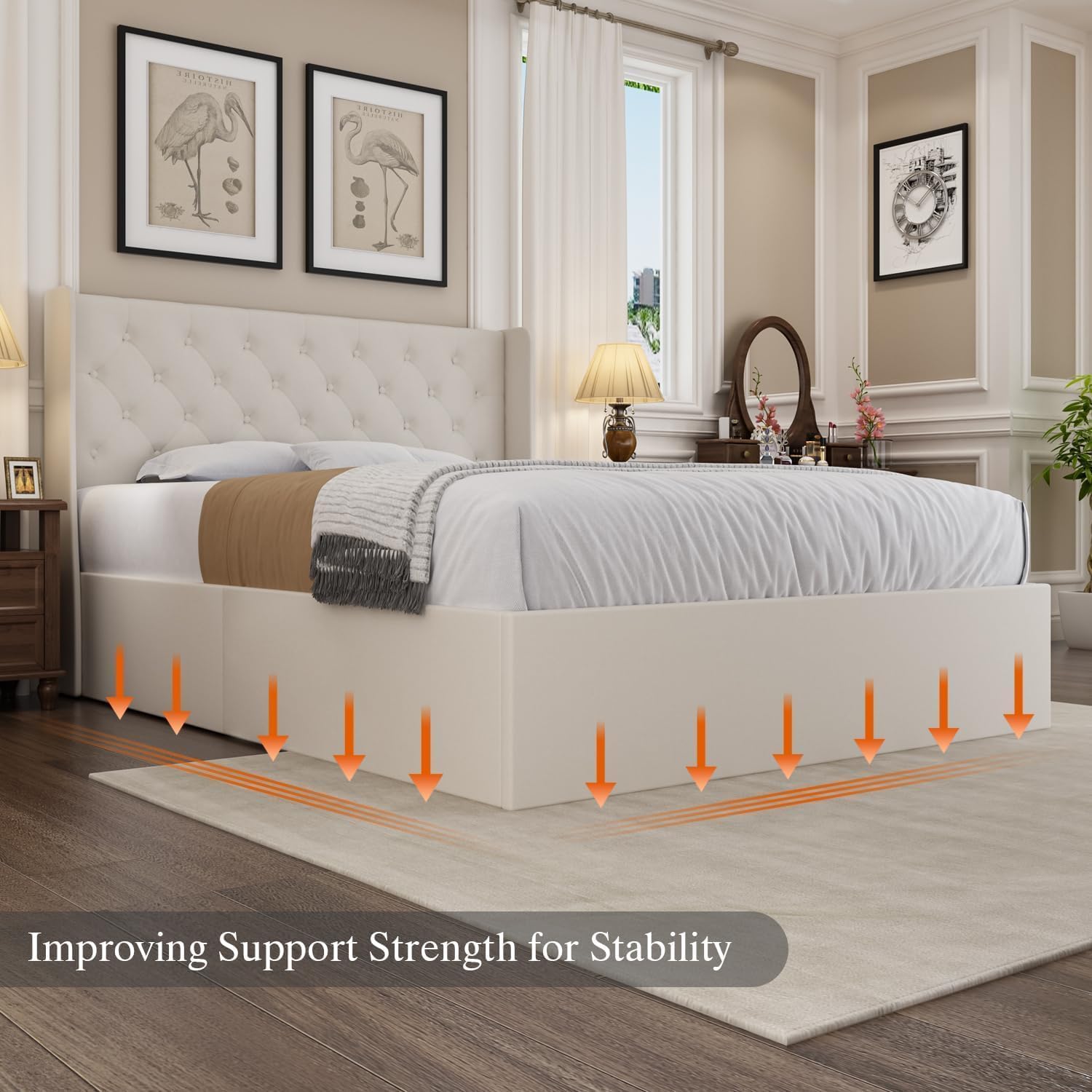 Catrimown Queen Size Lift Up Storage Bed, Upholstered Queen Bed Frame with Storage, Lift Up Storage Bed Queen with Wingback, Hydraulic Storage, Wood Slats Support, No Box Spring Needed