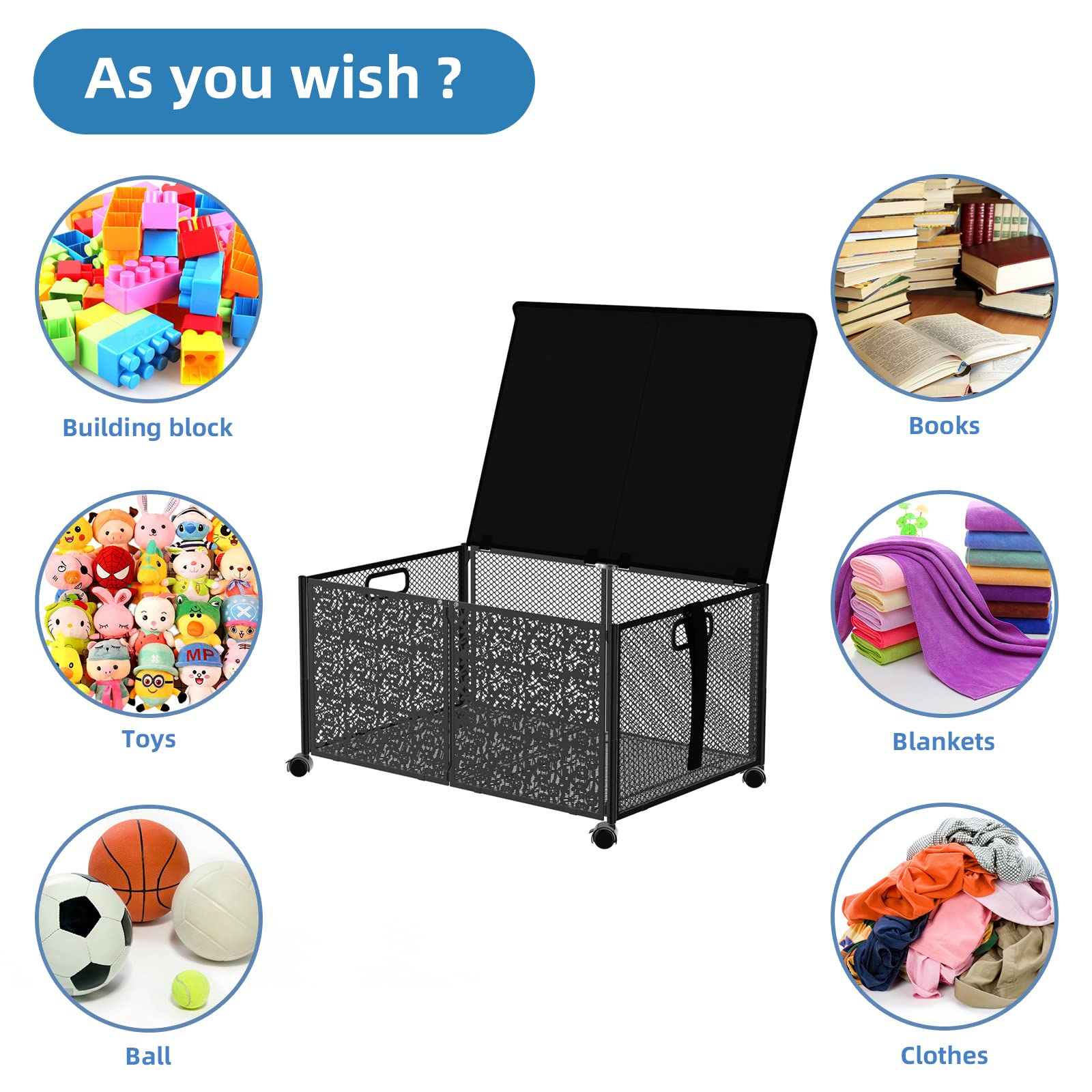 IDMOP Large Metal Toy Box Storage,Toy Box Chest with Lid,Collapsible Sturdy Toy Storage Bins With Wheels,Toy Storage Baskets with Handles for Nursery Playroom (2 Pack, Black)