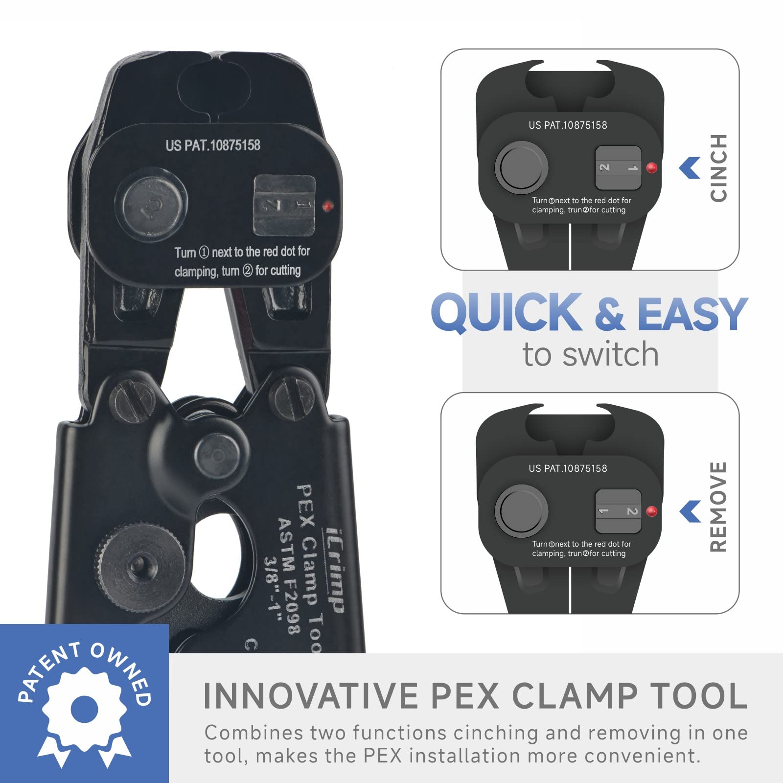 iCRIMP Ratchet PEX Cinch Tool with Removing function for 3/8 to 1-inch Stainless Steel Clamps with 20PCS 1/2-inch and 10PCS 3/4-inch PEX Clamps and Pipe Cutter- All in One