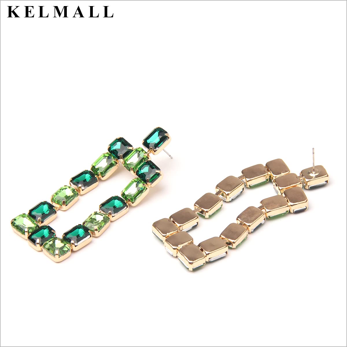 Crystal Rectangle Geometric Dangle Earrings, Glass Rhinestone Statement Drop Earrings for Women KELMALL COLLECTION
