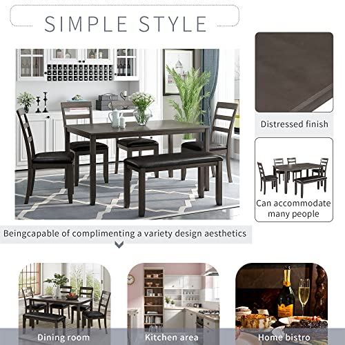 MOEO 6 Piece Kitchen Table Set, Wood Dining Faux Marble Top Diningtable with 4 PU Cushion Chairs & Bench for Breakfast Nook, Bar, Living Room, Gray, Brown