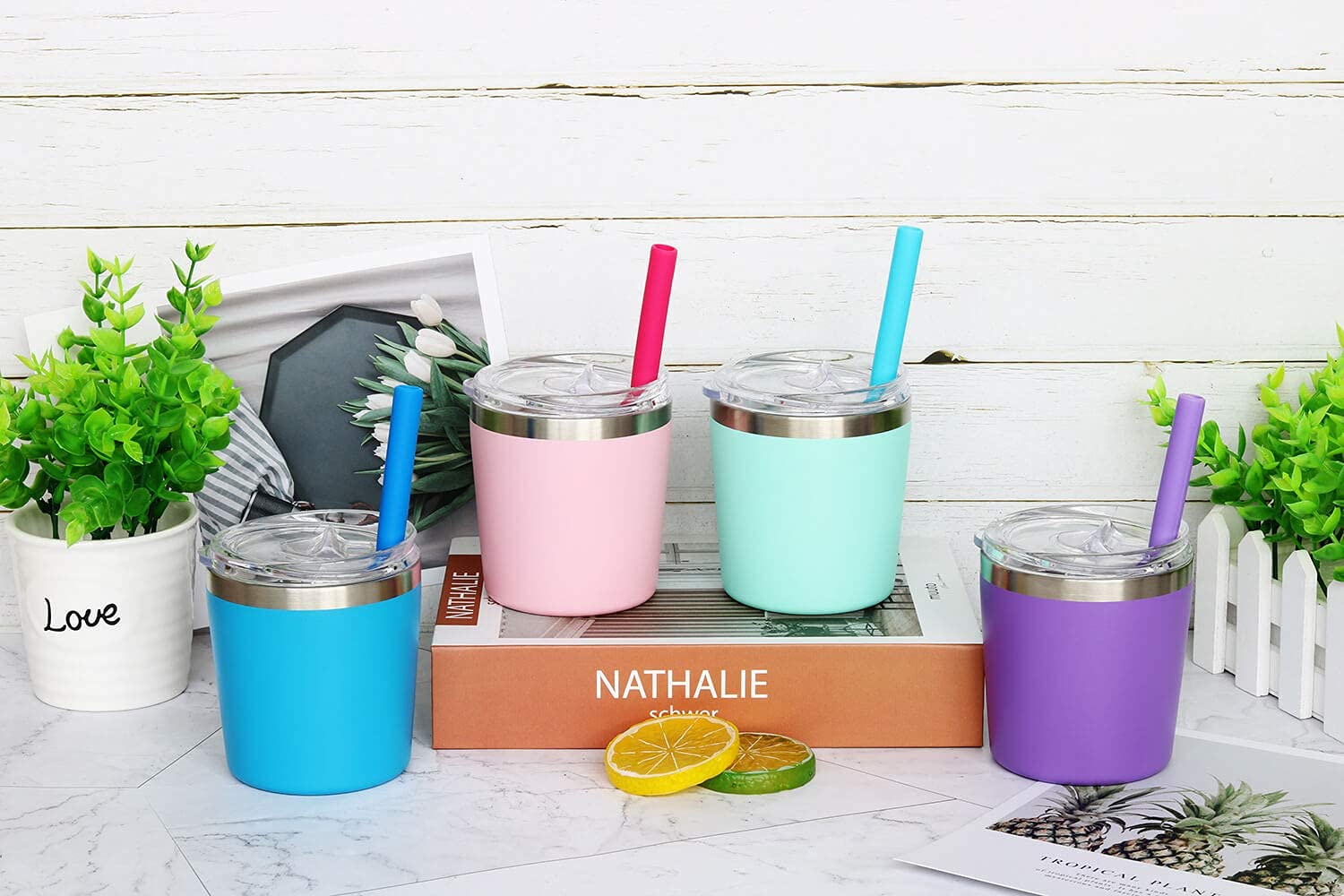 Colorful PoPo Cute Stainless Steel kids Cup with Lids, Silicone Straw Cup for Toddlers, Mini Insulated Stackable Tumblers for Smoothie Milk, Set of 2 (Pink Purple, 8 OZ)