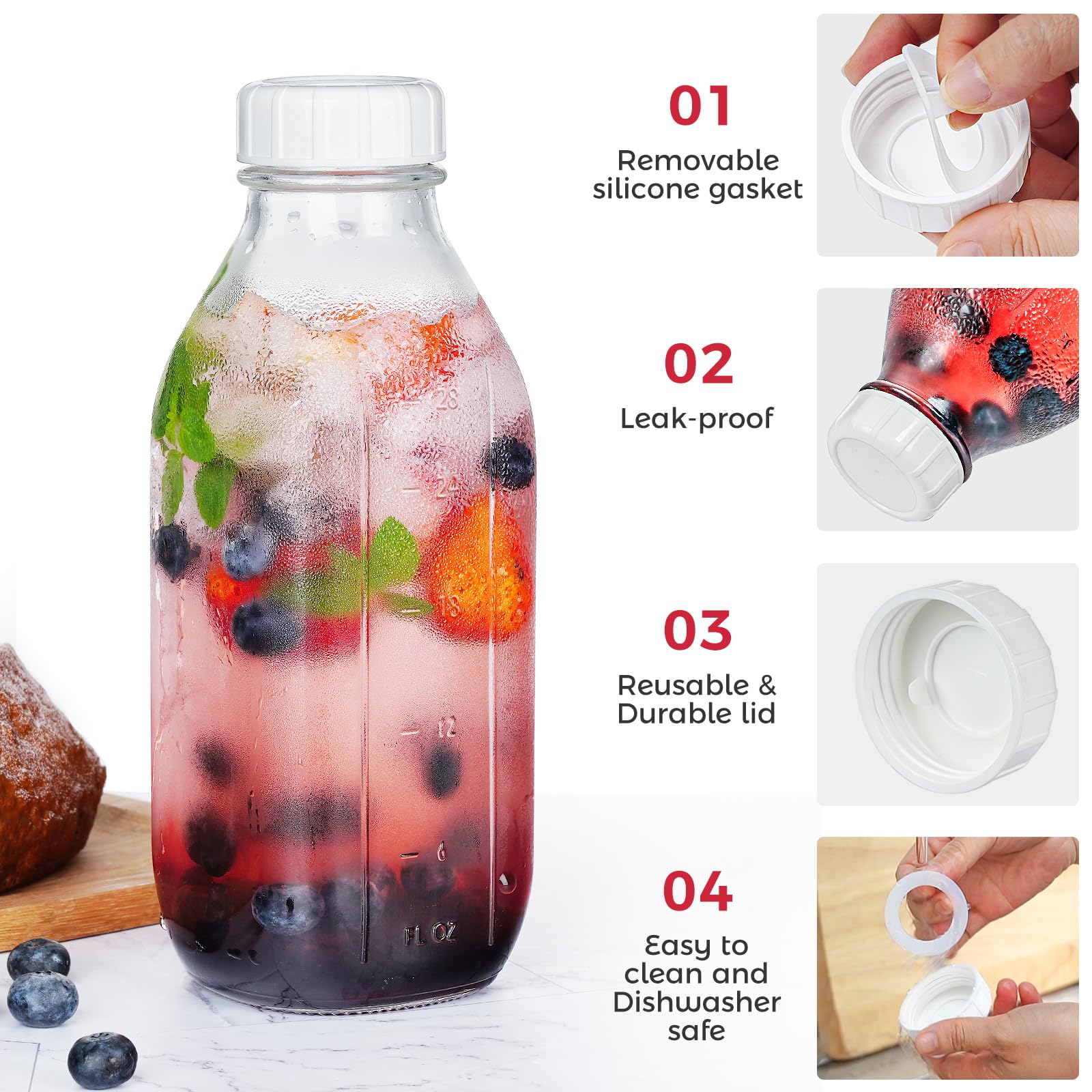 Dwbligt 32 oz Reusable Glass Milk Bottles with Silicone Dispenser Cap, 2 Pack Glass Jars with Airtight Screw Lid, Leak Proof Glass Juice Bottles with Scale Mark for Fridge