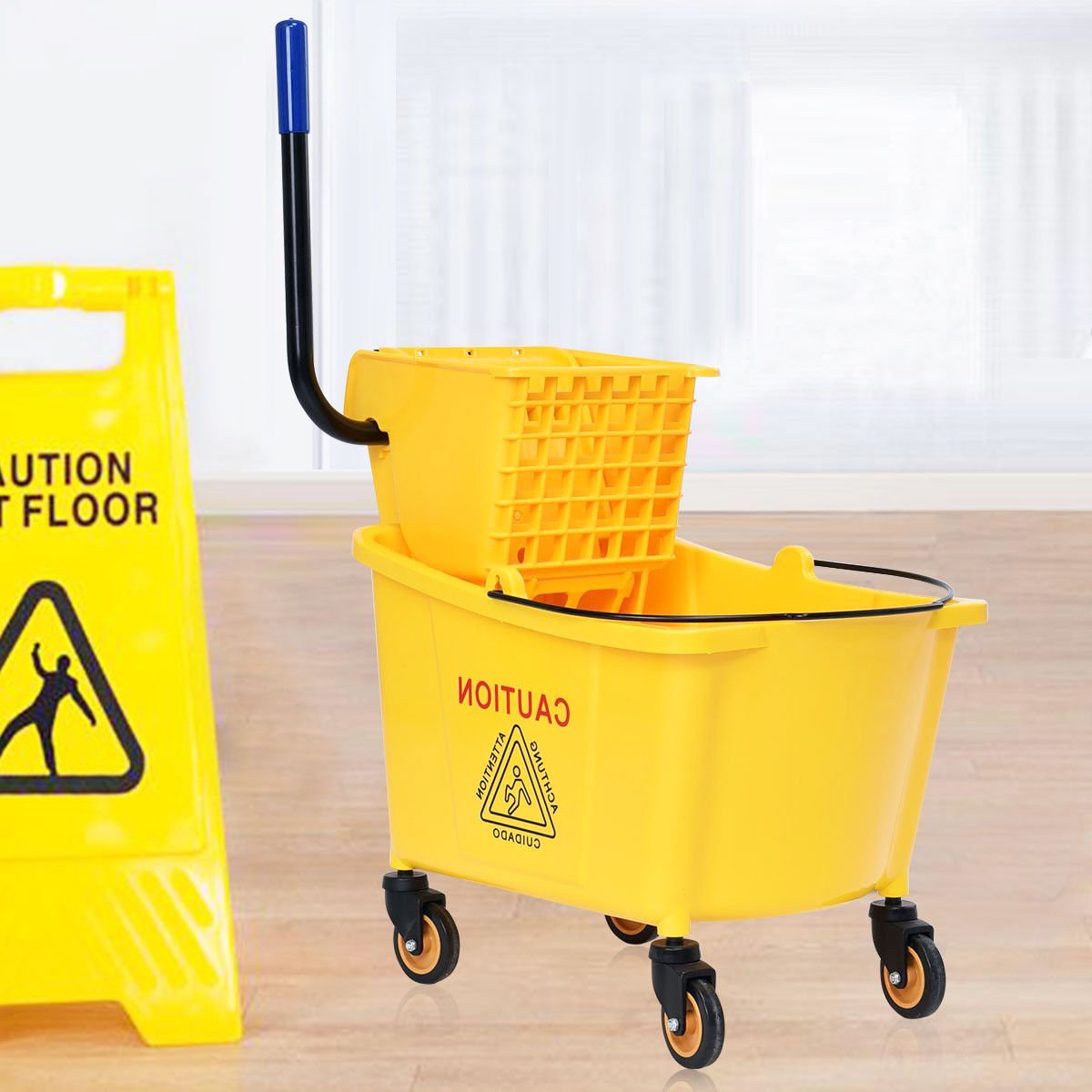 HOMGX Side Press Wringer Commercial Mop Bucket, 35 Qt Larger Capacity Cleaning Caddy with Wheels, Yellow