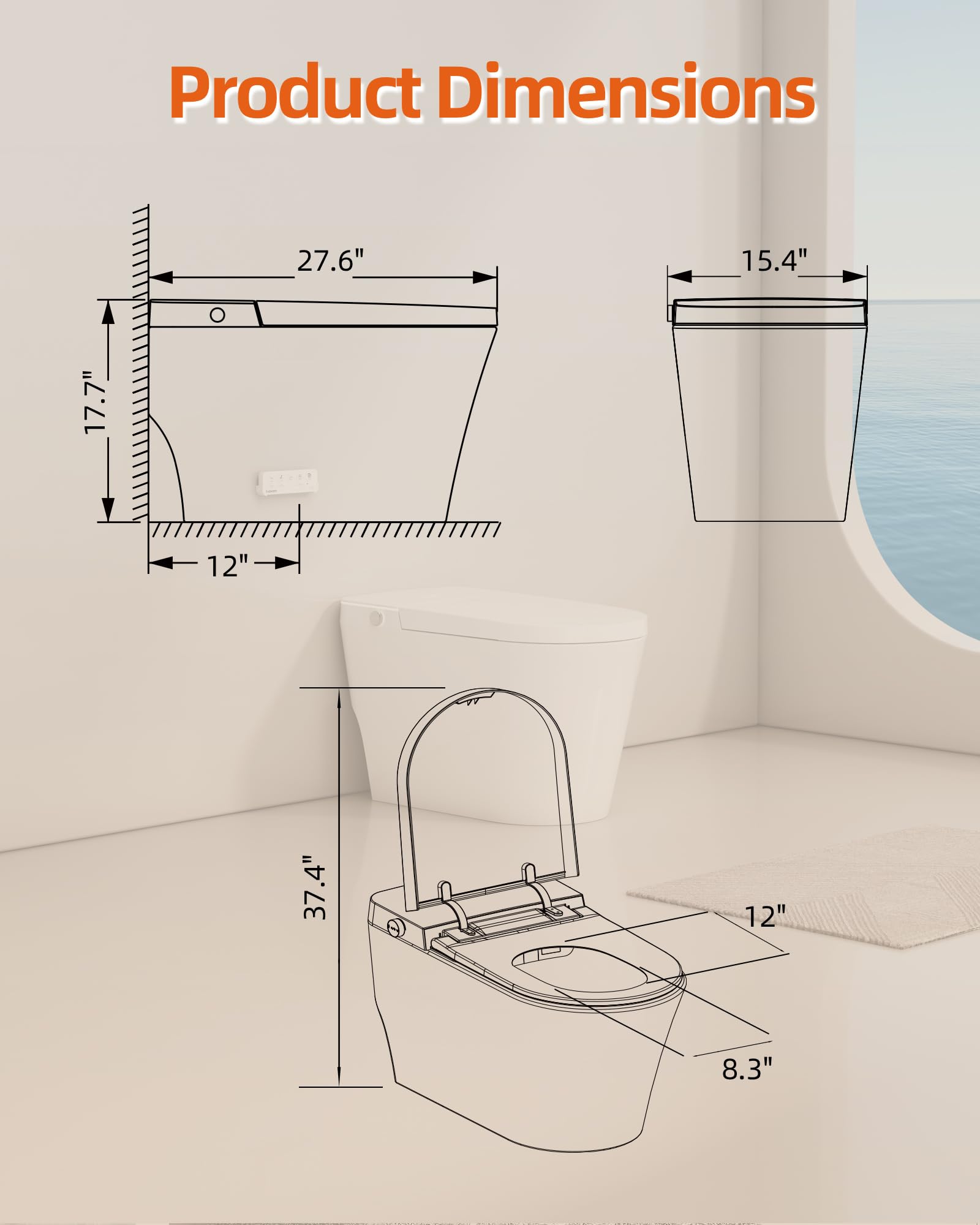 Luoware Smart Toilet with Bidet Built in, Luxury One Piece Elongated Bidet Toilet with Auto Close & Flush, Foot Sensor to Open/Close/Flush, Heated Seat, Massage Wash, Night Light, Remote Control