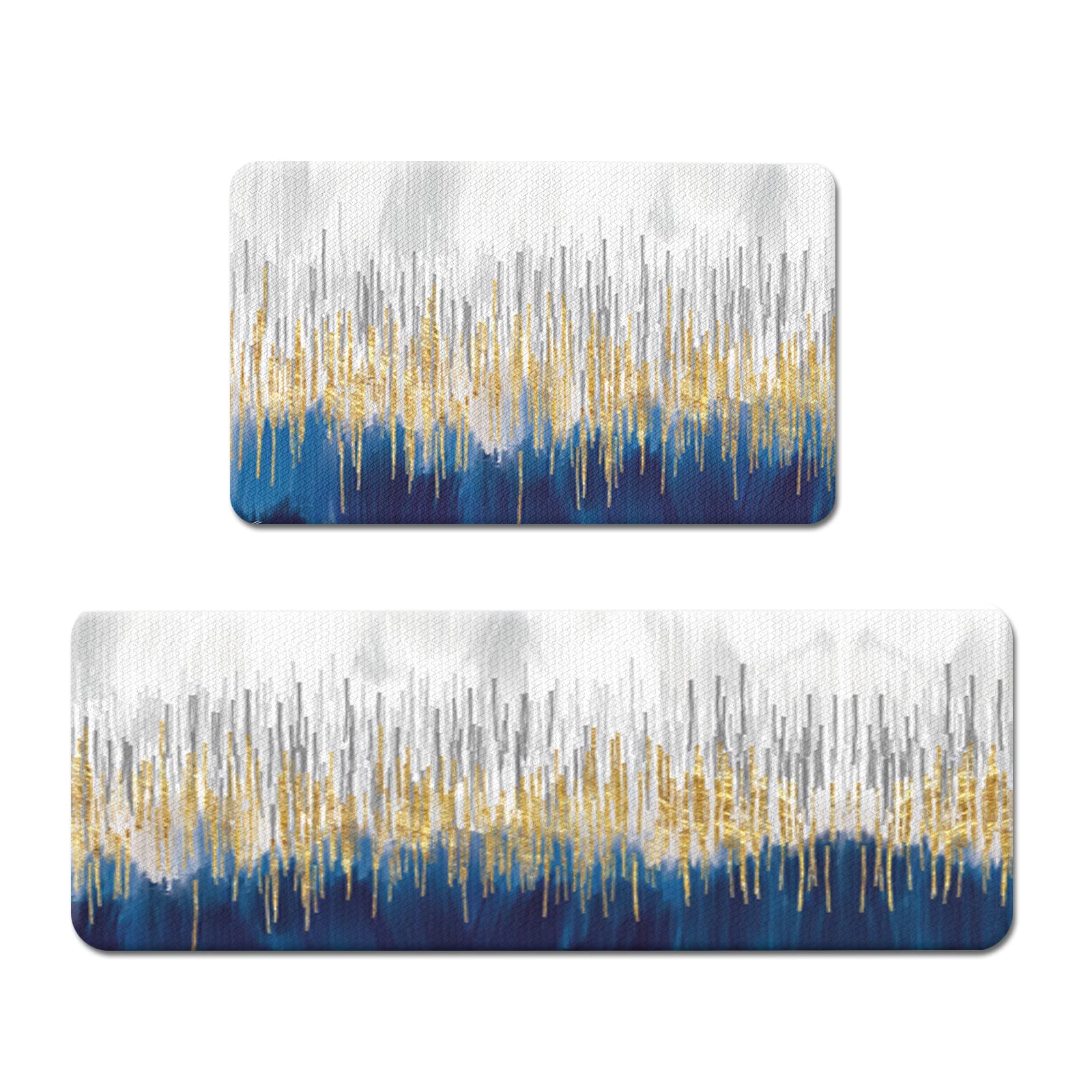 Colorful Star Waterproof Cushioned Kitchen Mats for Floor 2 PCS Leather Kitchen Rug Set Non-Slip Anti Fatigue Mat for Kitchen Laundry Decor 17"x29"+17"x47" Abstract Blue Grey Art Painting & Gold Wave