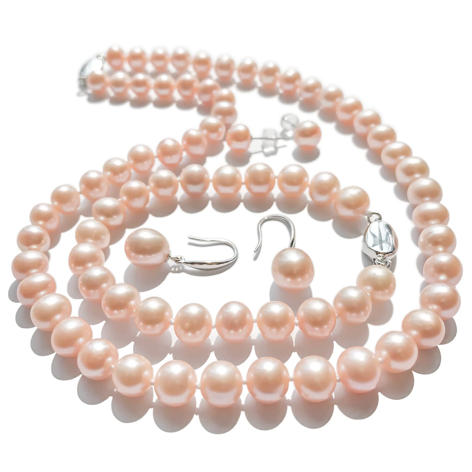 QuakerBrid Freshwater Cultured Pearl Set Jewelry for Women Includes Pearl Bracelet, Stud Earrings and Drop Dangle Earrings High Luster AAA Quality Genuine Round 8.0-9.0mm Pink Pearl Strand Necklace