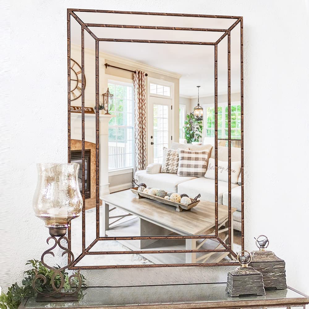 Chende Large Decorative Wall Mirror for Decor, 33" X 24" Entryway Mirror with Bronze Finish and Beveled Edge, Wood Farmhouse Mirror for Dining Room, Living Room, Hallway