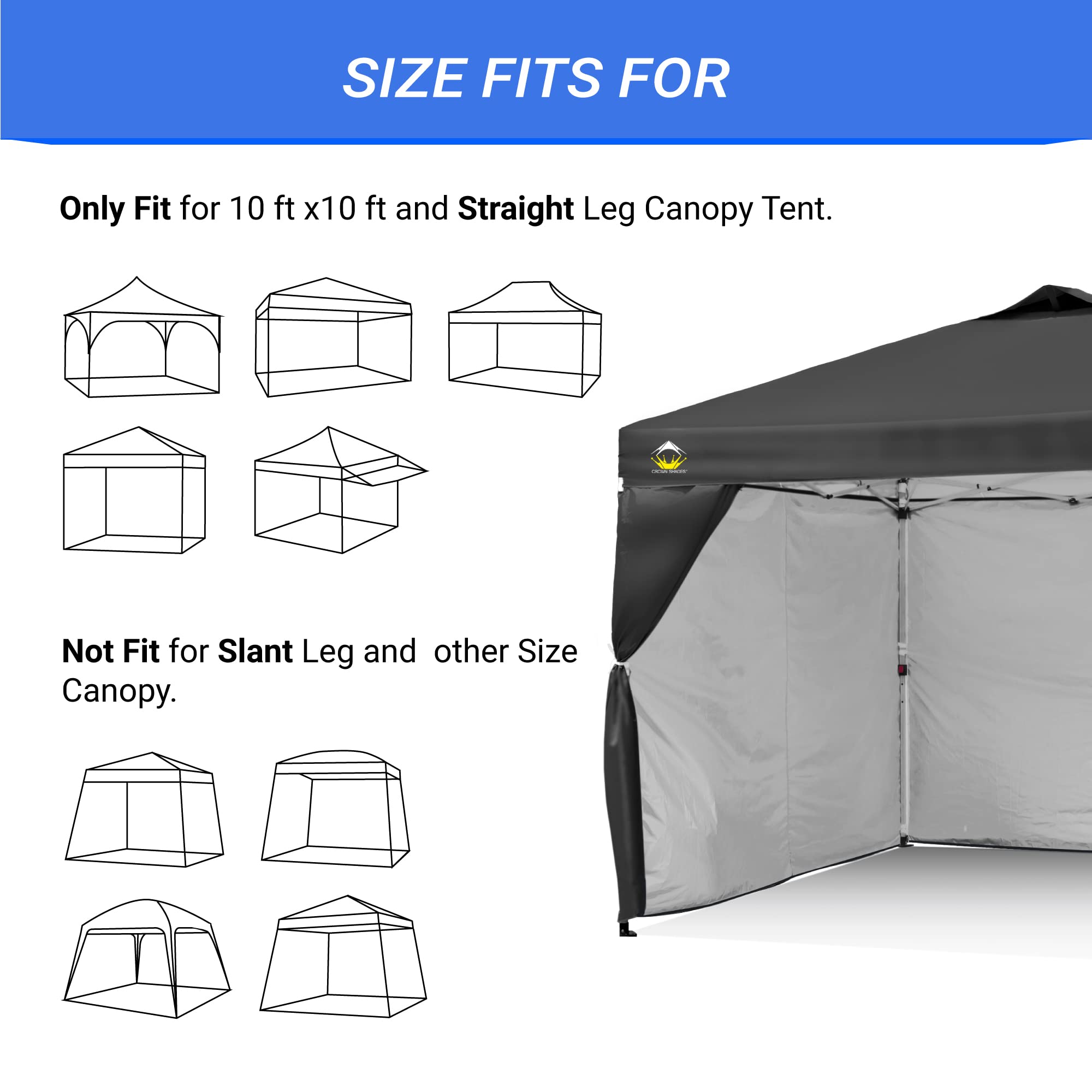 CROWN SHADES SunWall Silver Coated for 10x10 Pop up Canopy Tent, 1 Pack Sidewall Only with Silver Coating (4 Packs, Blue)