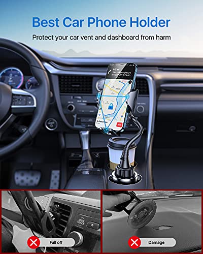 Danmus® Upgraded Car Cup Holder Phone Mount with Extendable Base, [15-in Adjustable Long Gooseneck] [Military-Grade] Car Truck Mount Compatible with iPhone 15 14 13 12 Pro Max Samsung S23 All