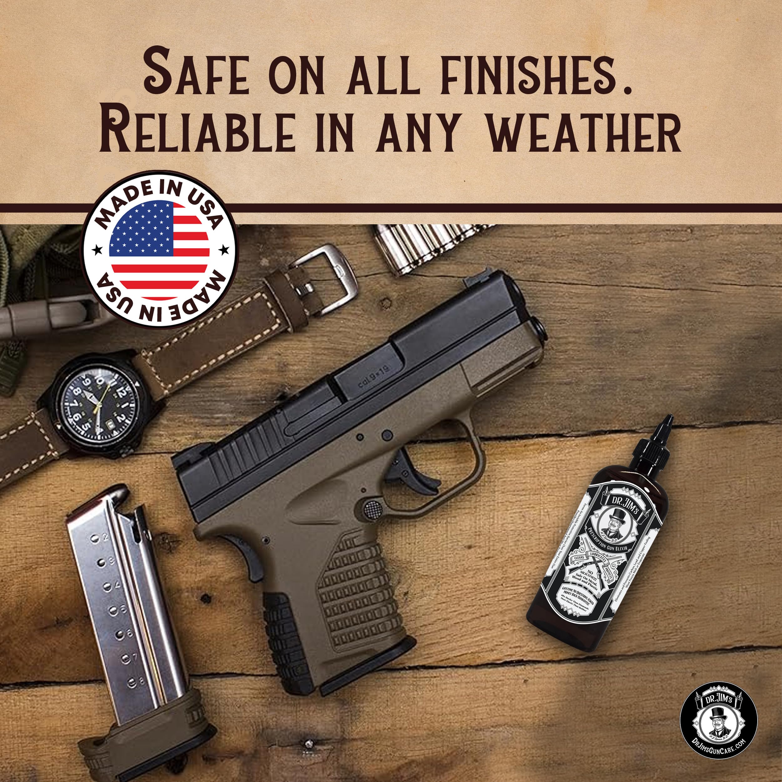 Dr. Jim's Prescription Gun Cleaner Lubricant and Protectant. Targets Carbon, Metals & Residue While Creating a Protective Barrier in and Outside of Your Gun. Made in USA