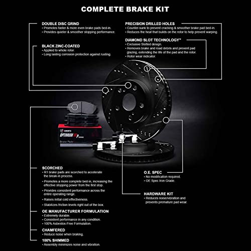 R1 Concepts Front Brakes and Rotors Kit |Front Brake Pads| Brake Rotors and Pads| Optimum OEp Brake Pads and Rotors| Hardware Kit|fits 2004-2012 Subaru Baja, Forester, Impreza, Legacy, Outback