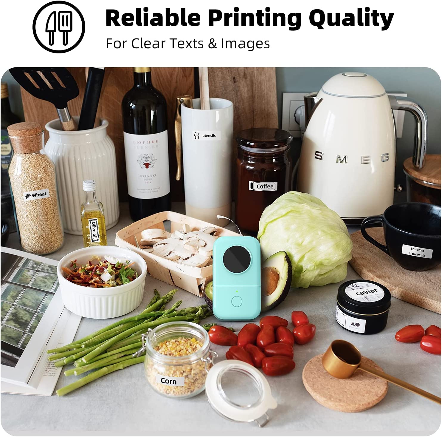 D30 Label Maker with Continuous Label Tapes - 3 Rolls Black on Green, Purple, Orange Tape, Bluetooth Label Maker, Portable Smart Phone Handheld Sticker Mini Labeler Inkless Rechargeable, BPA-Free