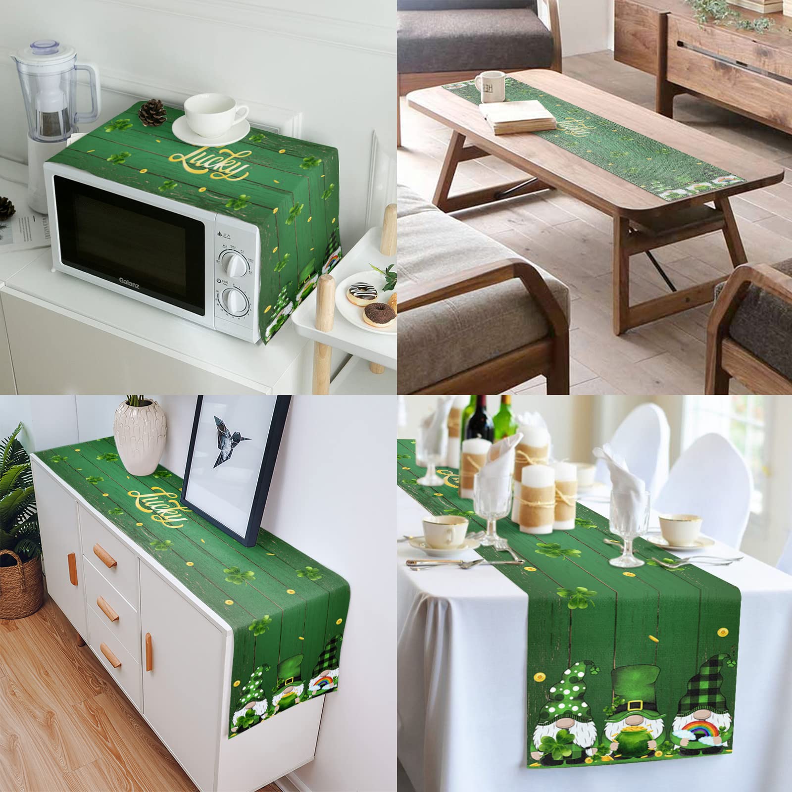 Flyart St Patricks Day Table Runner, Spring Green Gnome Shamrock Decor Table Runners for Kitchen Dining Coffee Home Wedding Parties, Holiday Burlap Table Runners for St Patrick Decor (13x36 inch)