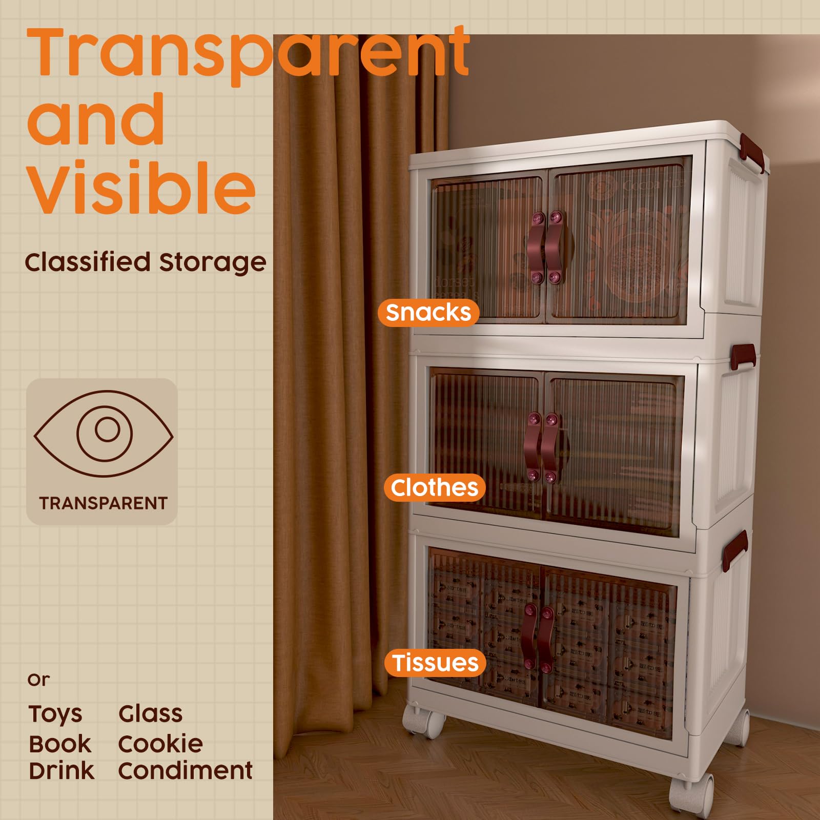 CNDSE 8.6Gal Foldable Double Door Storage Box, Collapsible Plastic Containers with Lids, White Stackable Storage Bins with Lockable Wheels, 3 Tiers