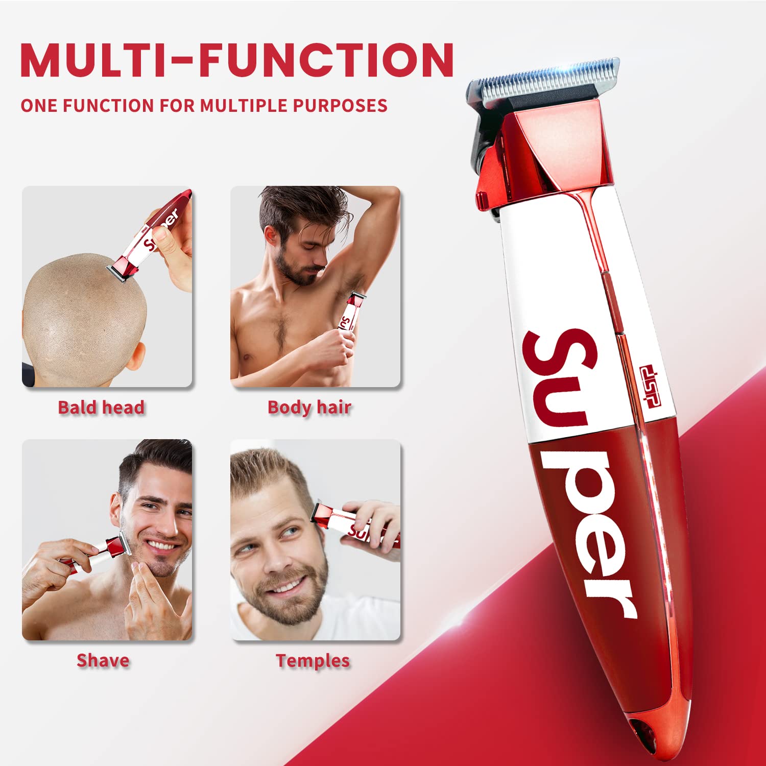 DSP® T Trimmer Hair Clippers for Men Cordless Electric Trimmers Beard and Mustache Trimmer Professional Rechargeable Hair Cutting Kit with 1-5mm Limit Combs (Red)