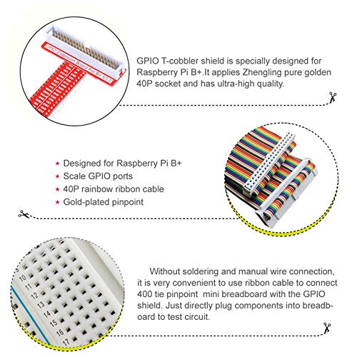 DAOKI GPIO Breakout Kit Expansion Board for Raspberry Pi 3 4 3B+ 3B 2B B+ A+ Zero w Kit, 830 Tie Points Solderless Breadboard + GPIO T/U Type Expansion Board + Jumper Wires + Rainbow Ribbon Cable