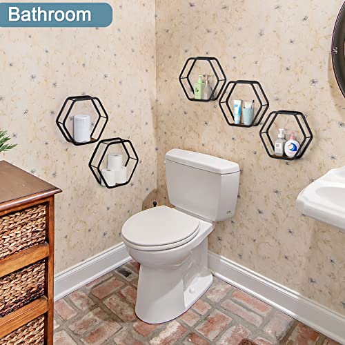 Hexagonal Floating Shelves Set of 10, Metal Hexagon Shelves for Wall, Rustic Black Hexagon Shelves, Modern Honeycomb Shelf, Octagon Shelves Wall Mounted for Bedroom Living Room Kitchen and Office