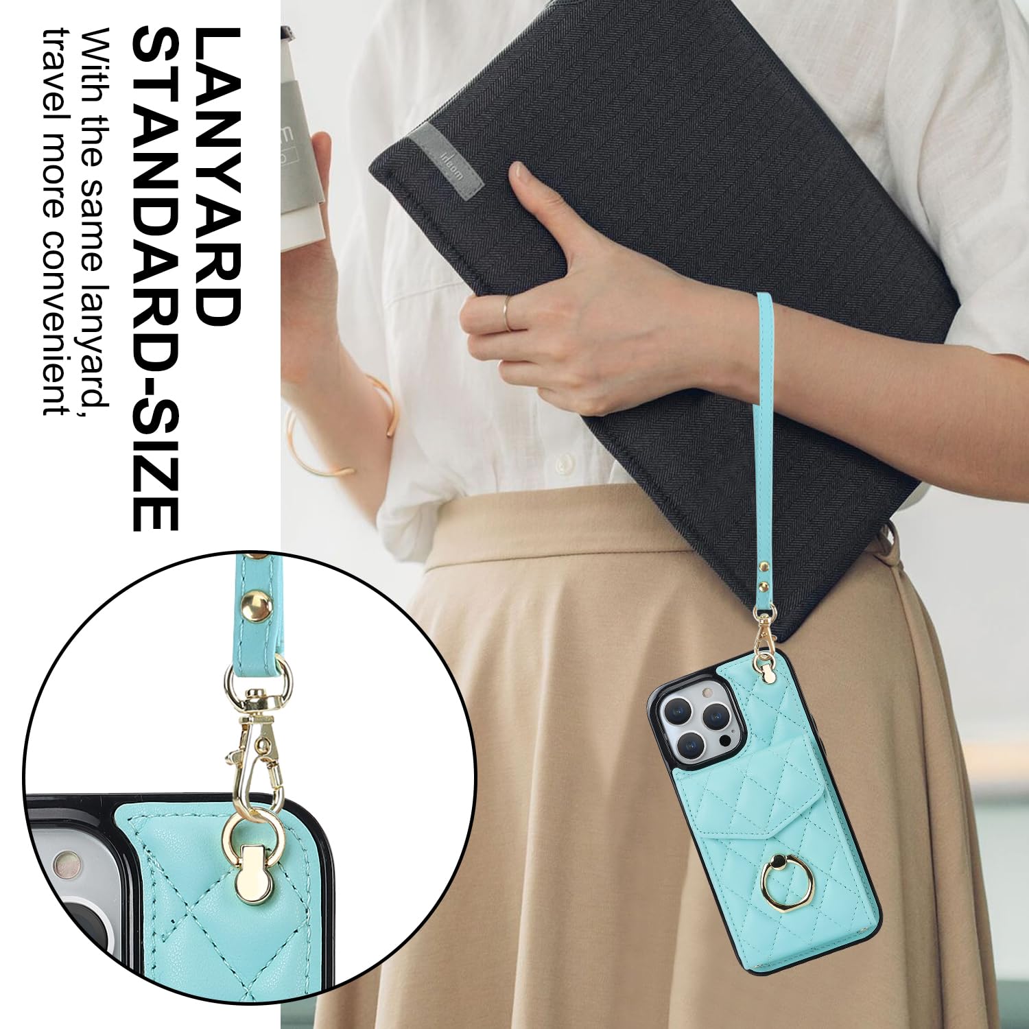 CHENRLIAN Compatible with iPhone 15 Pro Max Wallet Case, with Card Holder,Crossbody Case with Strap Wrist,Protective Leather Case with Ring for Apple iPhone 15 Pro Max, 6.7", 2023(Mint Green)