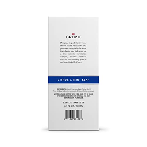 Cremo Citrus & Mint Leaf Cologne Spray, A Cool, Refreshing Scent with Notes of Fresh Mint, Citron, Cedar and Moss, 3.4 Fl Oz