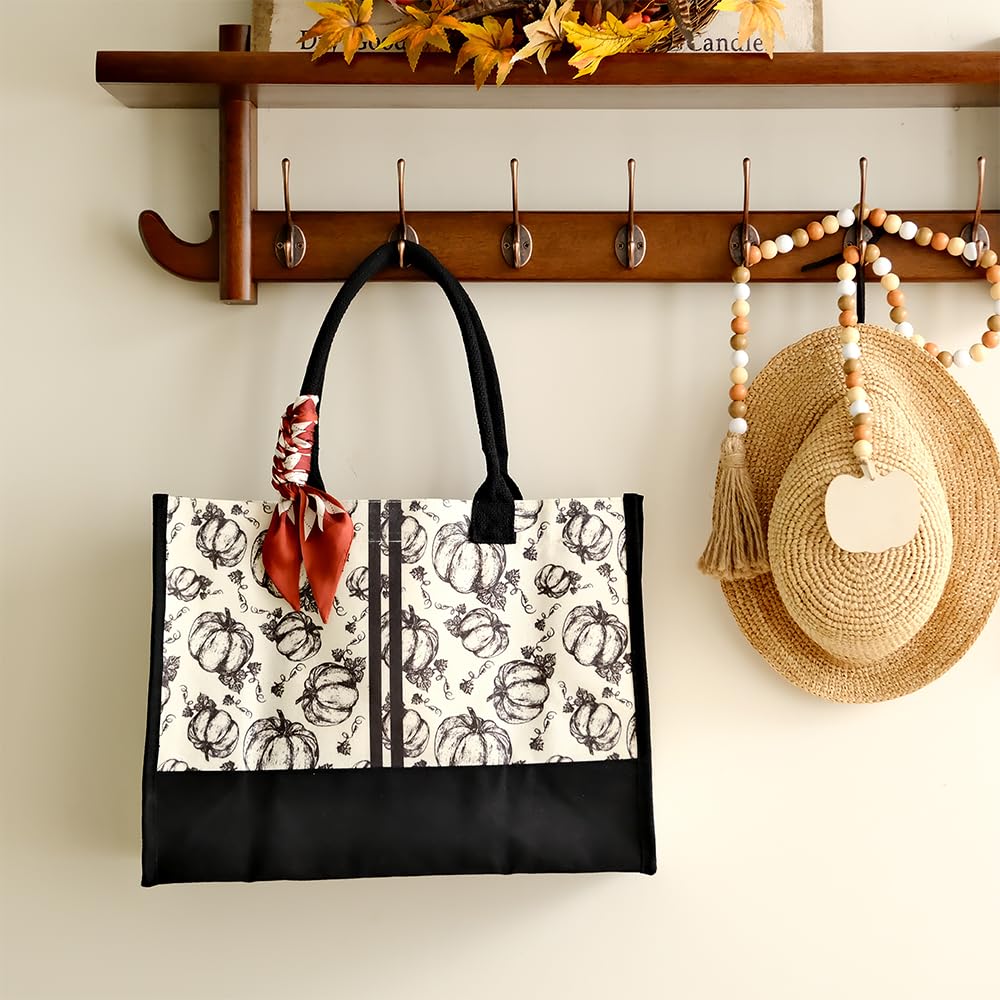 CROWNED BEAUTY Fall Canvas Tote Bag with Zipper Pocket Personalized Gift for Women, Pumpkins Leaves Beach Bag CT53
