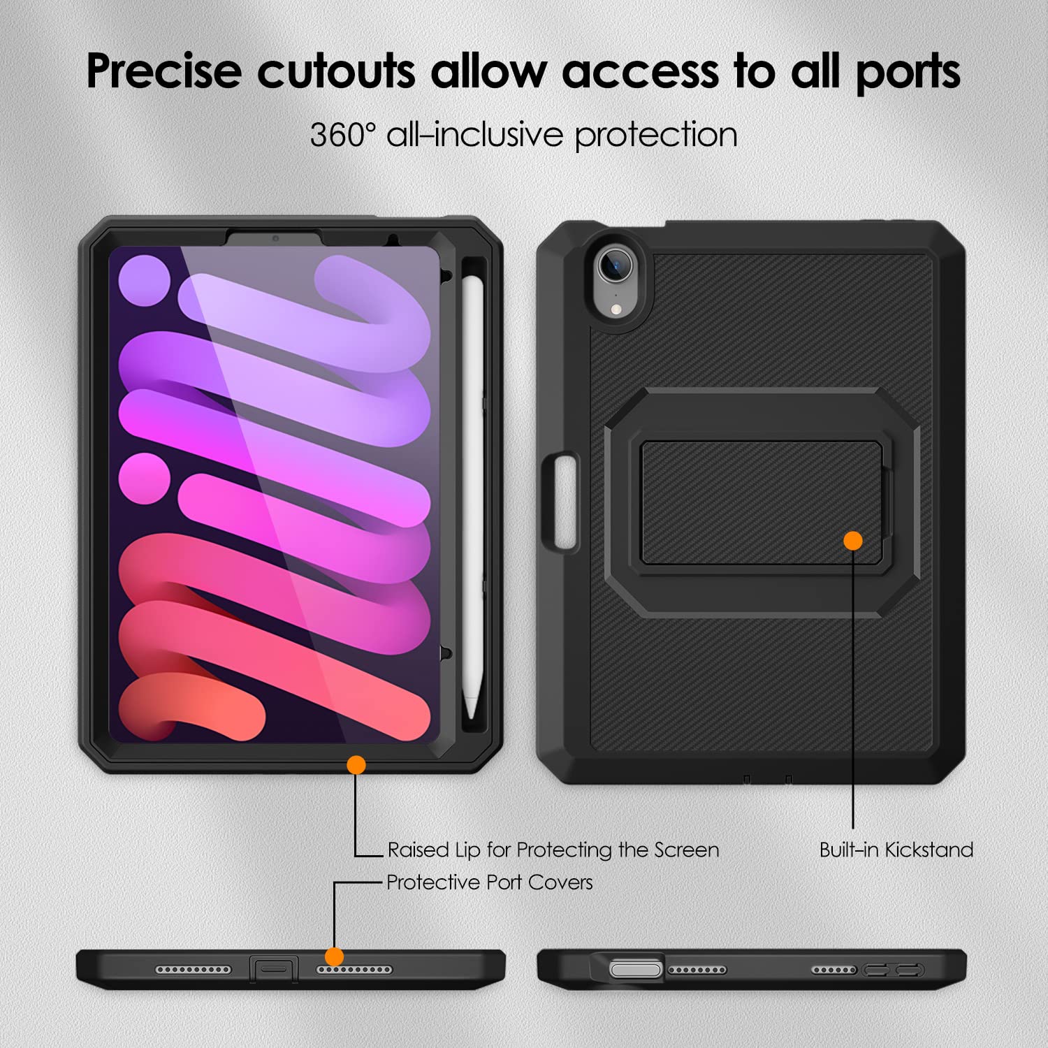 DTTO Shockproof Case for iPad Mini 6 2021, Dual Layer Full Body Tough Rugged Stand Cover Case, Built-in Screen Protector and Pencil Holder for iPad Mini 6 8.3 inch 2021 Release, Deep Black