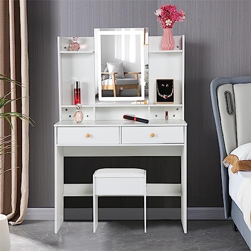 Modern Vanity Table with LED Lighted Mirror, Makeup Vanity Desk with 2 Drawers,Vanity Table Mirror with 3 Color Modes,Multiple Shelves & Cushioned Stool,Dressing Table for Bedroom