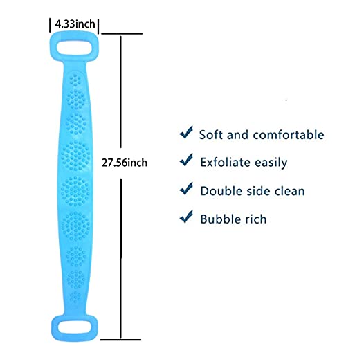 Silicone Bath Brush for Shower- Back Body Brush Scrubber, Shower Pull-tab Double-Sided Long Strip Silicone Bath Belt, Easy to Clean-Exfoliate, Blue