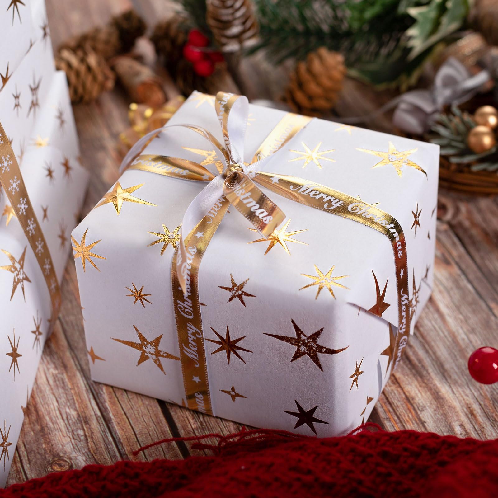Flyhill White Wrapping Paper-17inch*197inch( 23.4sq.ft.ttl Per Roll - White Gold 3D Embossed Foil Star Pattern for Christmas,Birthday, Party,Wedding,Bridal Shower Shower,Thanksgiving