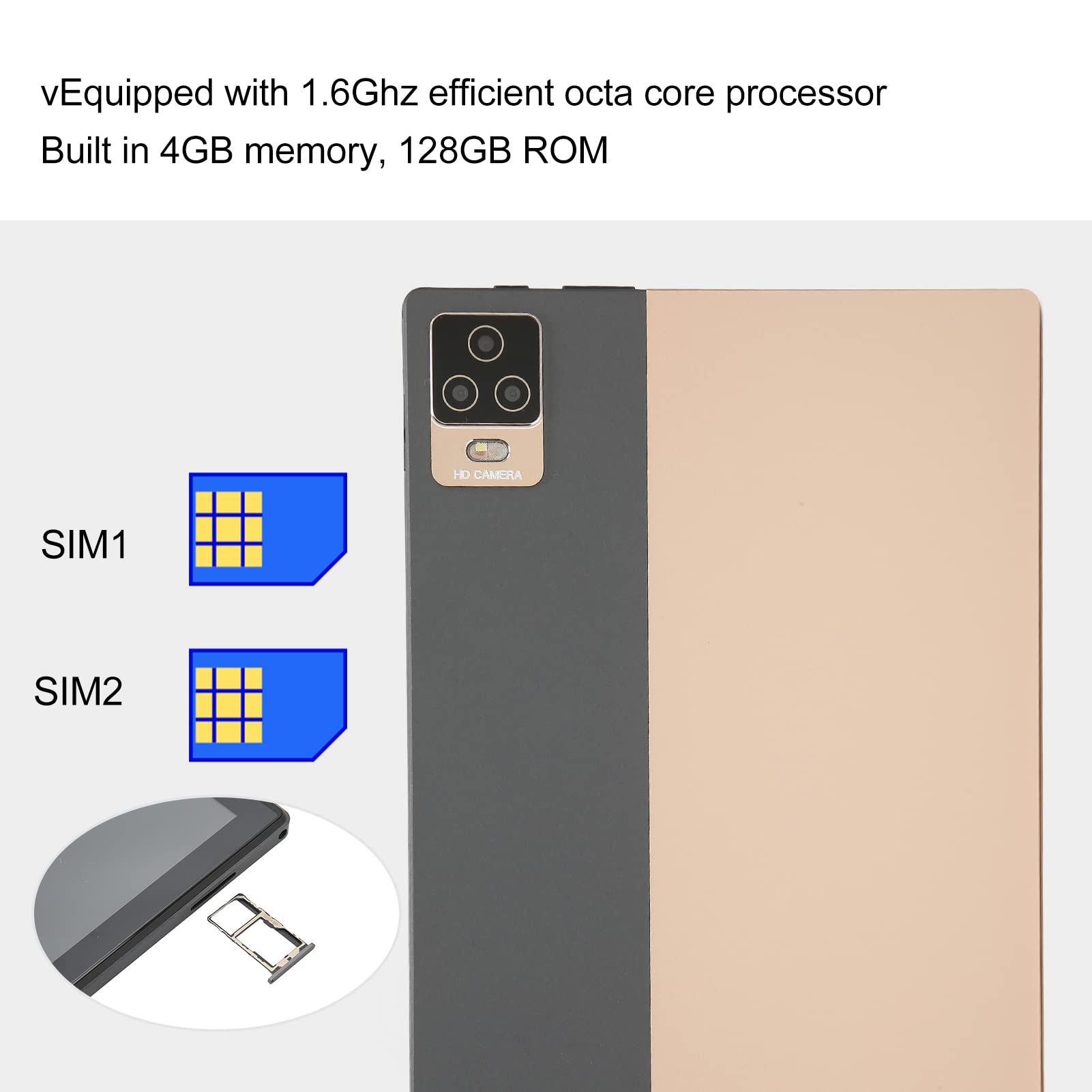 Dual band tablet, 128G ROM golden octa-core tablet with dual speakers for kids at home