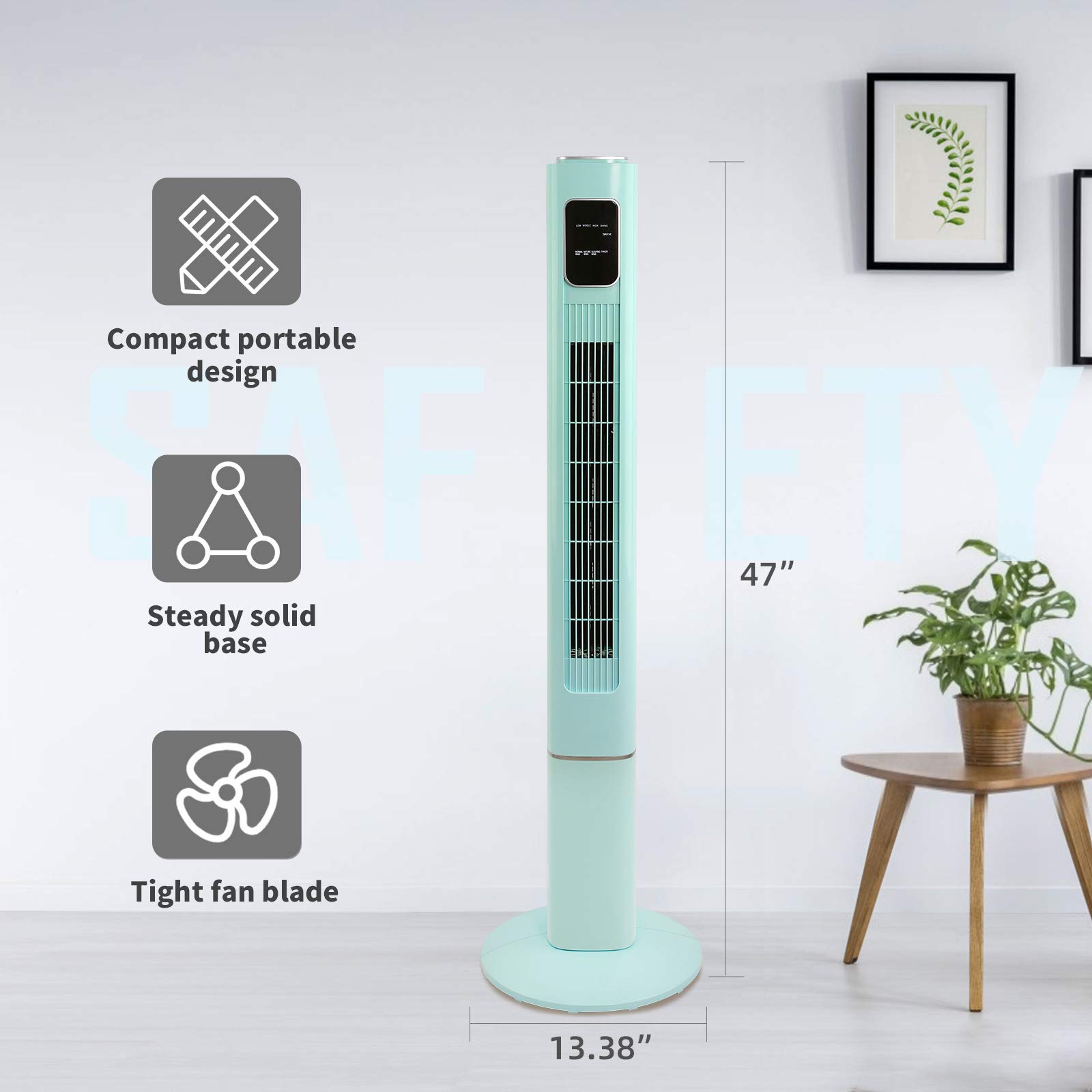 R.W.FLAME Tower Fan with Remote Control, Standing fan for office, Oscillating fan for home with children/pets/elders, Time Settings,LCD display,45W, Oscillation, 47", Green