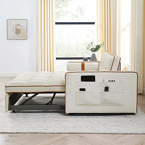JEEOHEY Sleeper Sofa Couch w/Pull Out Bed, 55.5" New Upgraded Tufted Velvet Convertible Sleeper Sofa Bed, Small Love seat Sofa Bed w/ 2 Pillows for Small Space, Living Room, Apartment, Beige