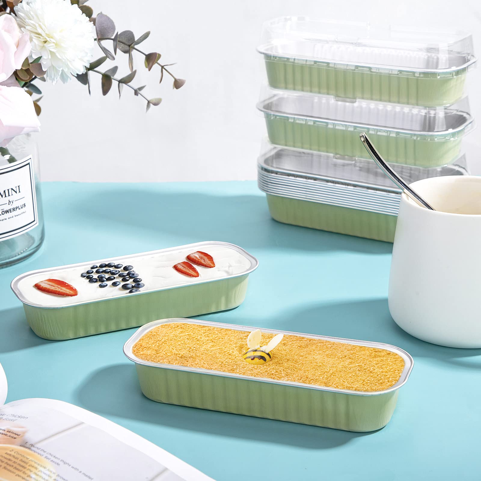 EUSOAR Foil Ramekins with Lids, 50pcs 6.8oz 6.5"x2.5"x1.2" Disposable Aluminum Baking Cups Pan with Lids, Rectangle Cupcake Containers Wrappers,Dessert Cheesecake Creme Brulee Pan