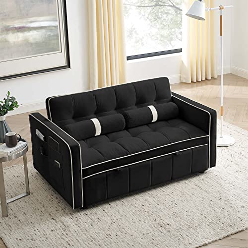 JEEOHEY Sleeper Sofa Couch w/Pull Out Bed, 55.5" New Upgraded Tufted Velvet Convertible Sleeper Sofa Bed, Small Love seat Sofa Bed w/ 2 Pillows for Small Space, Living Room, Apartment, Black