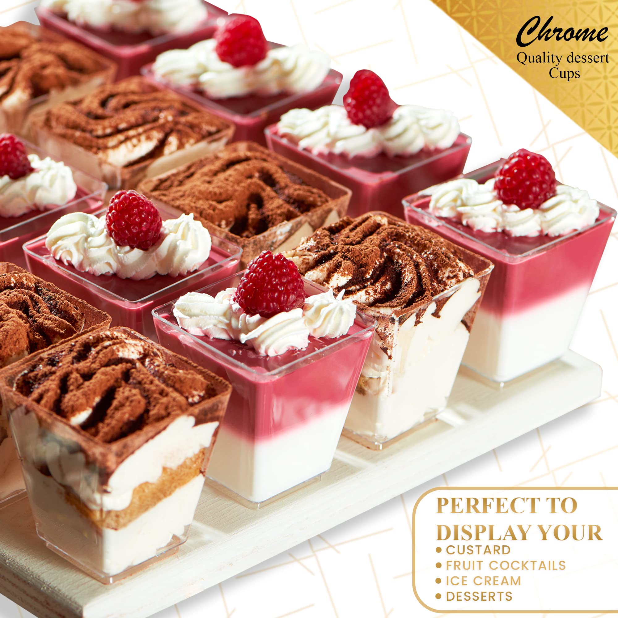Chrome 50Pack 5oz Plastic Dessert Cups with Lids & Spoons - Ice cream Cups with Stickers, Serving Fruit Trifle Mousse Pudding and More (5oz/ 150ml)