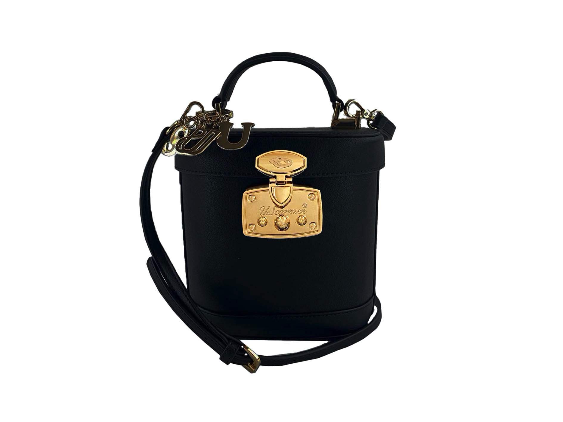 UScarmen Women's Calfskin Leather Top Handle Binocular Box Bag Black Brown (Black)